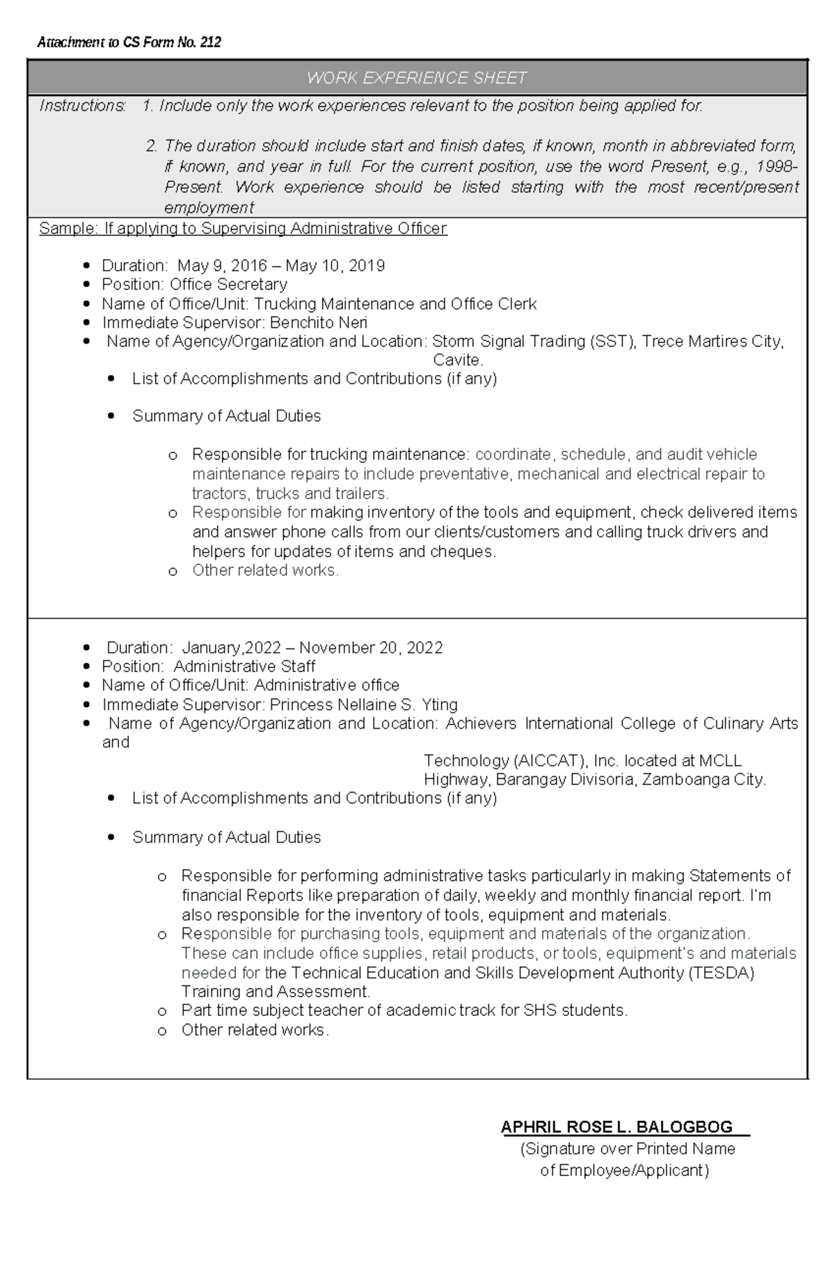 Work Experience Sheet badang - APHRIL ROSE L. BALOGBOG (Signature over ...