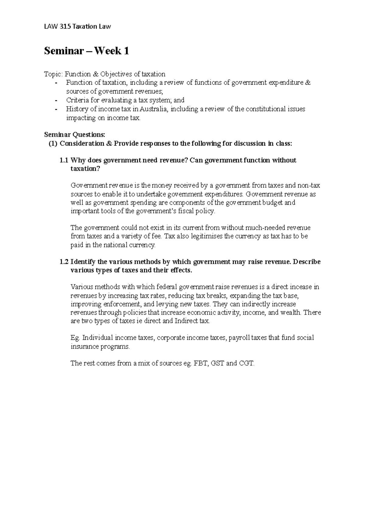 Seminar 1 - Ans - Seminar – Week 1 Topic: Function & Objectives of ...
