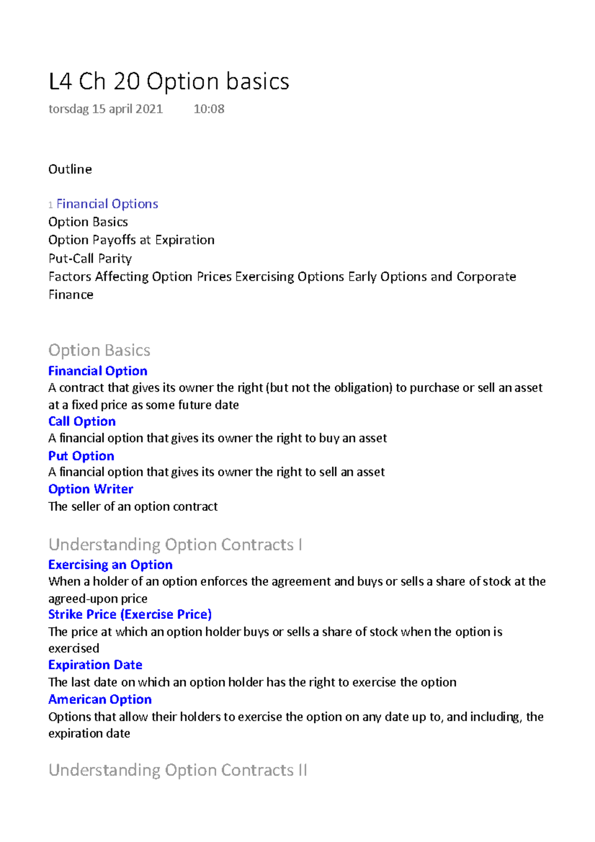 L4 Ch 20 Option basics - Corporate Finance 2 - Outline 1 Financial ...