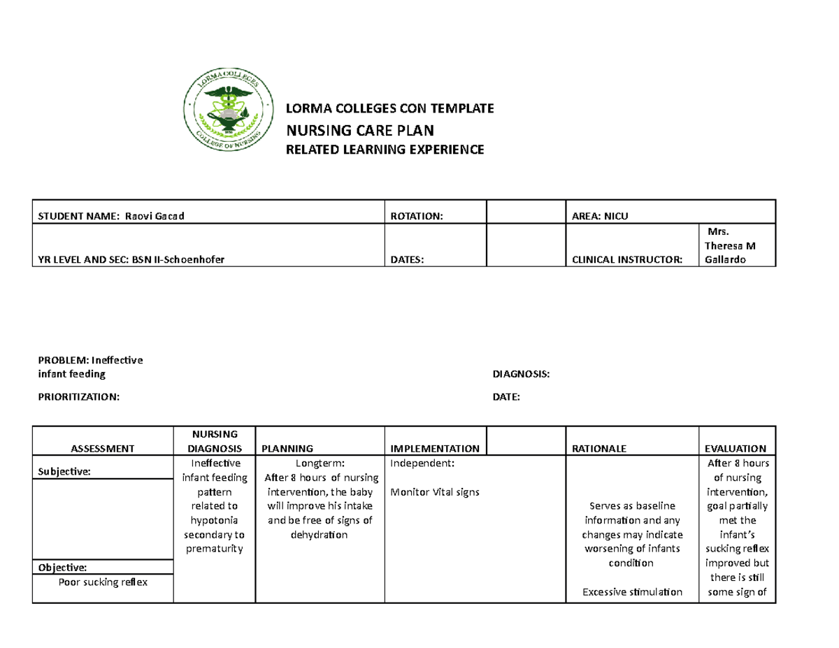 NCP nursing document - LORMA COLLEGES CON TEMPLATE NURSING CARE PLAN ...