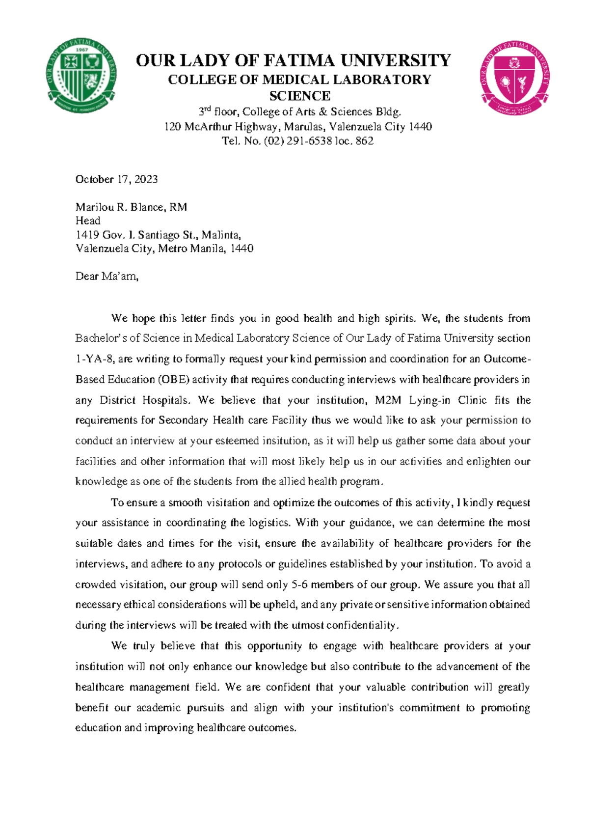 Secondary letter final - OUR LADY OF FATIMA UNIVERSITY COLLEGE OF MEDICAL LABORATORY SCIENCE 3 ...