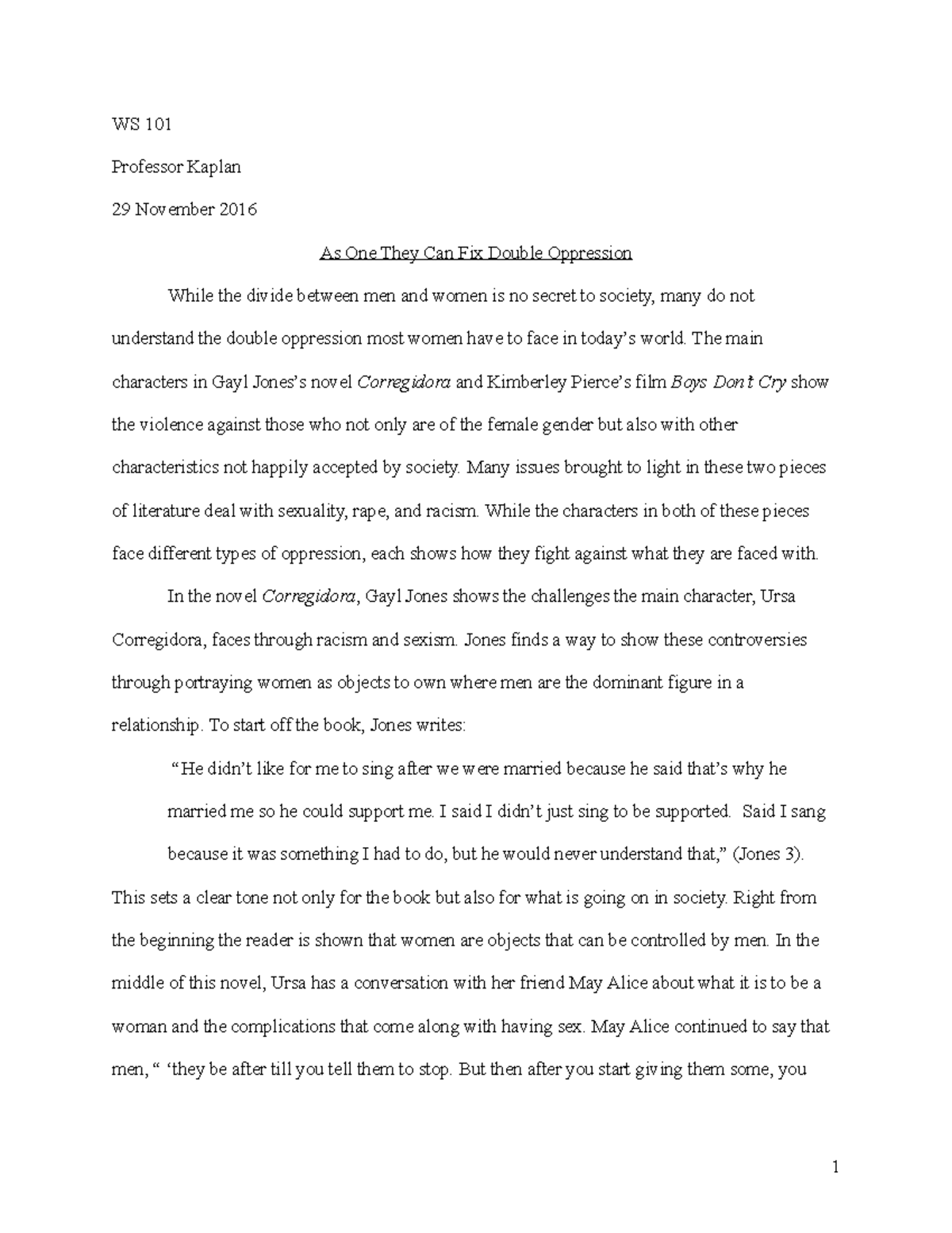 WS 101 - As One They Can Fix Double Oppression - Essay - WS 101 ...