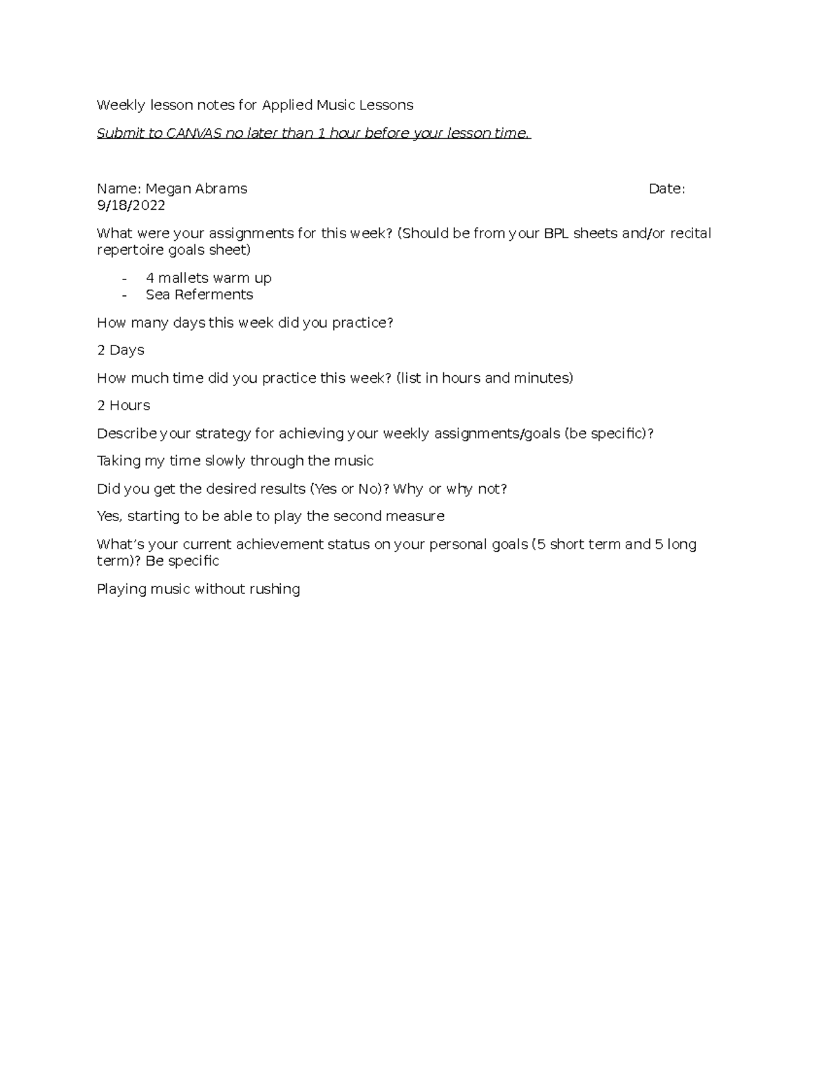 Weekly Lesson Assignment - Weekly lesson notes for Applied Music ...