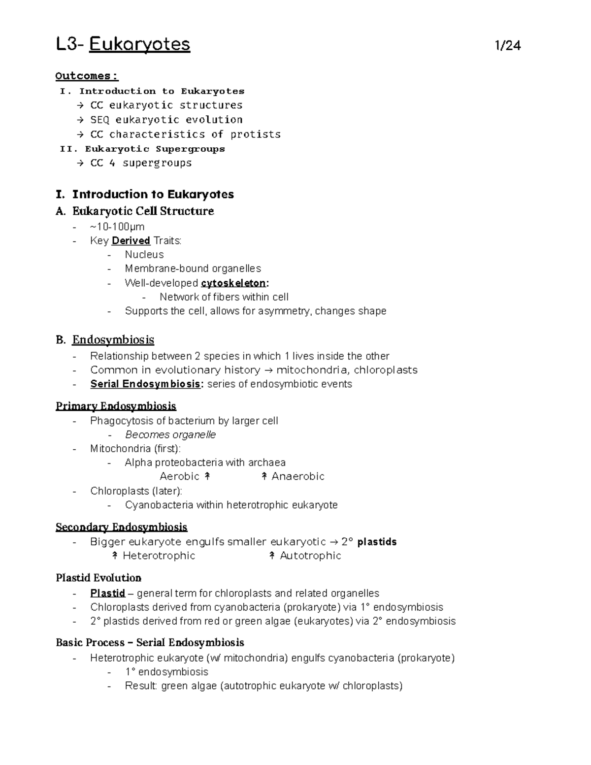 Lecture 3- Eukaryotes - L3- Eukaryotes 1/ Outcomes: I. Introduction to ...