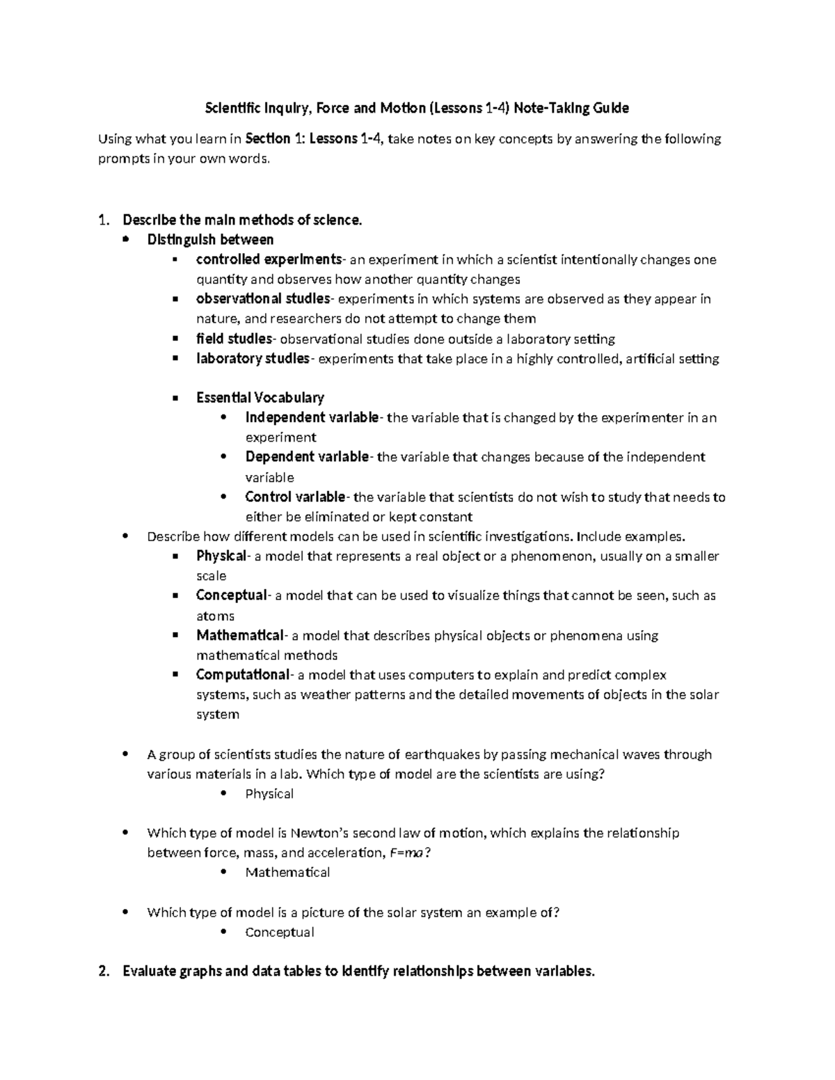 Physics Section 1: Lessons 1 - 4 Note- Taking Guide - Scientific ...