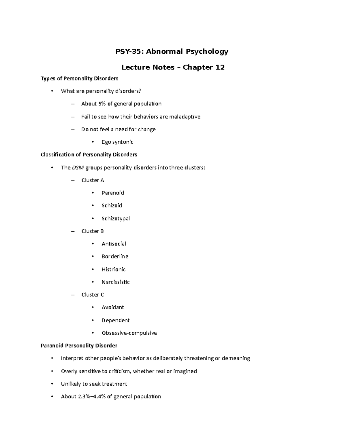 Chapter 12 Lecture Notes - Personality Disorders and Impulse-Control ...