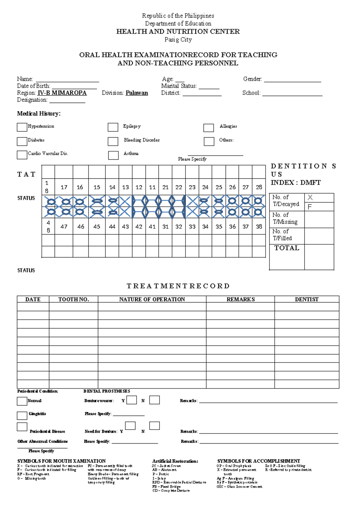 Annual Dental Examination Form - Republic of the Philippines Department ...