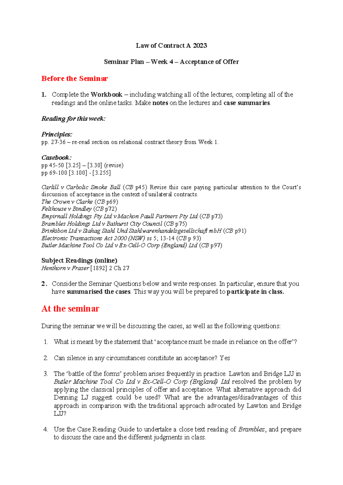 Week 4 Seminar Plan 2023 - Law of Contract A 2023 Seminar Plan – Week 4 ...