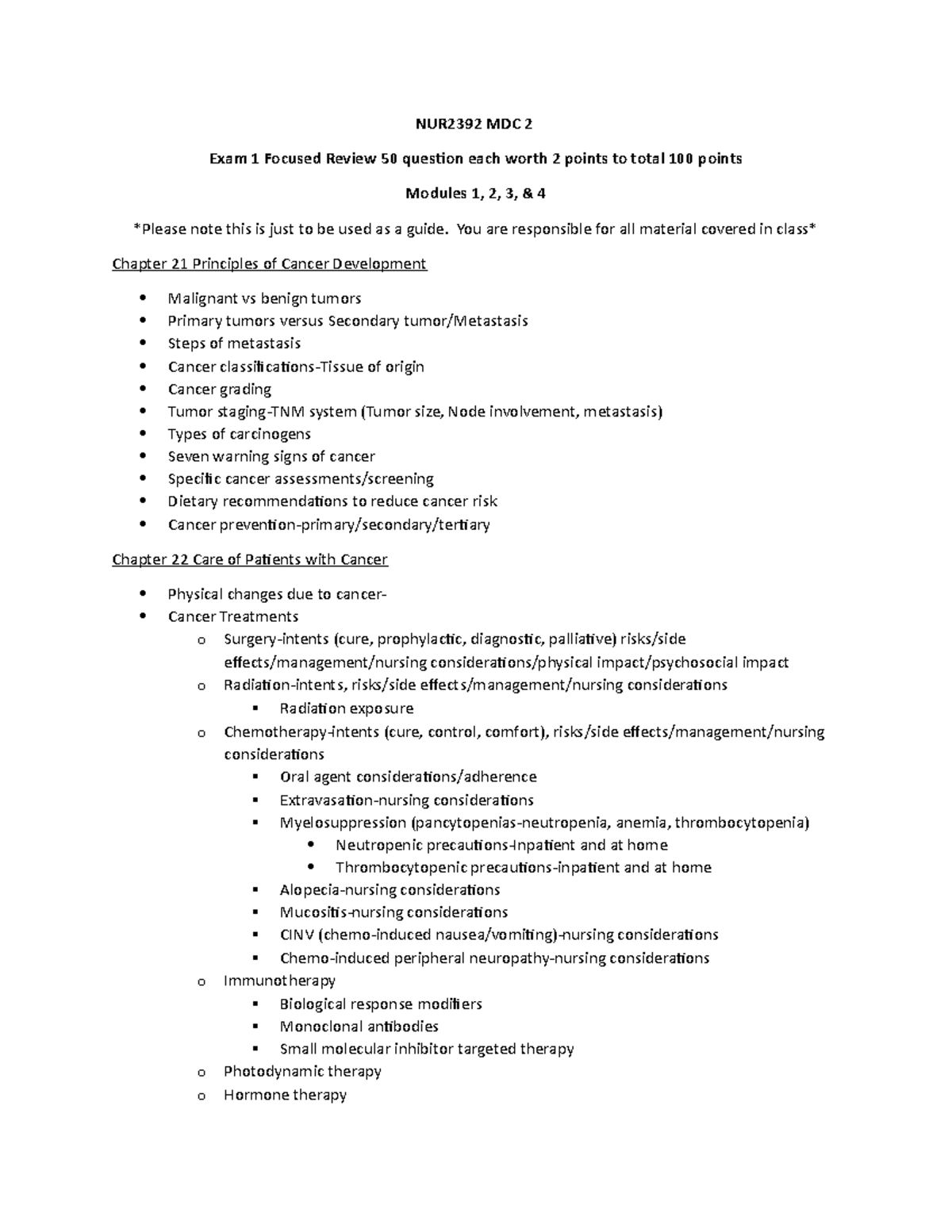 NUR2392 MDC II Focused Review Exam 1 - NUR2392 MDC 2 Exam 1 Focused ...