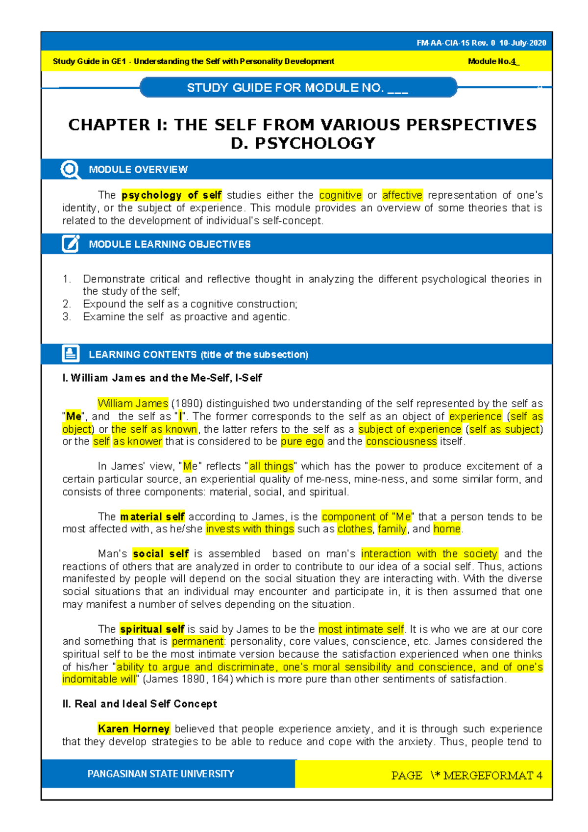 GE1 Module 4 - Psychology 2 - STUDY GUIDE FOR MODULE NO. ___ Study Guide in GE1 - Understanding ...