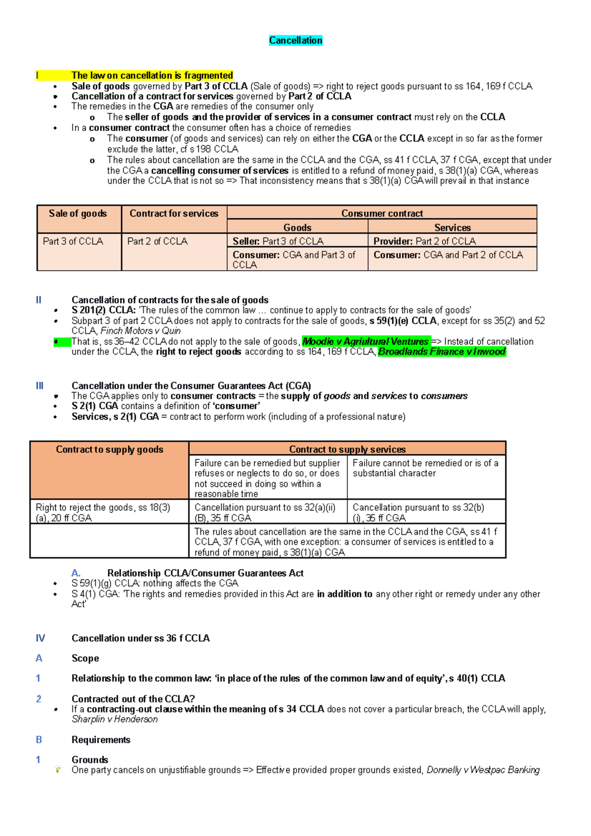 Contract Law - Cancellation Notes - Cancellation I The law on ...