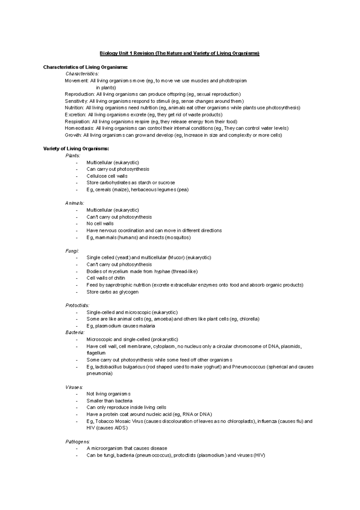 Biology All Units Revision - Biology Unit 1 Revision (The Nature and ...