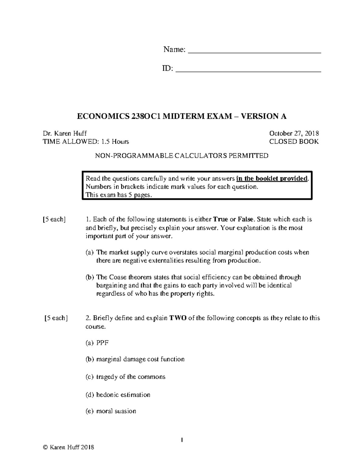 EC238 Fall 2018 Practice Exam Version A - EC238 - WLU - Studocu