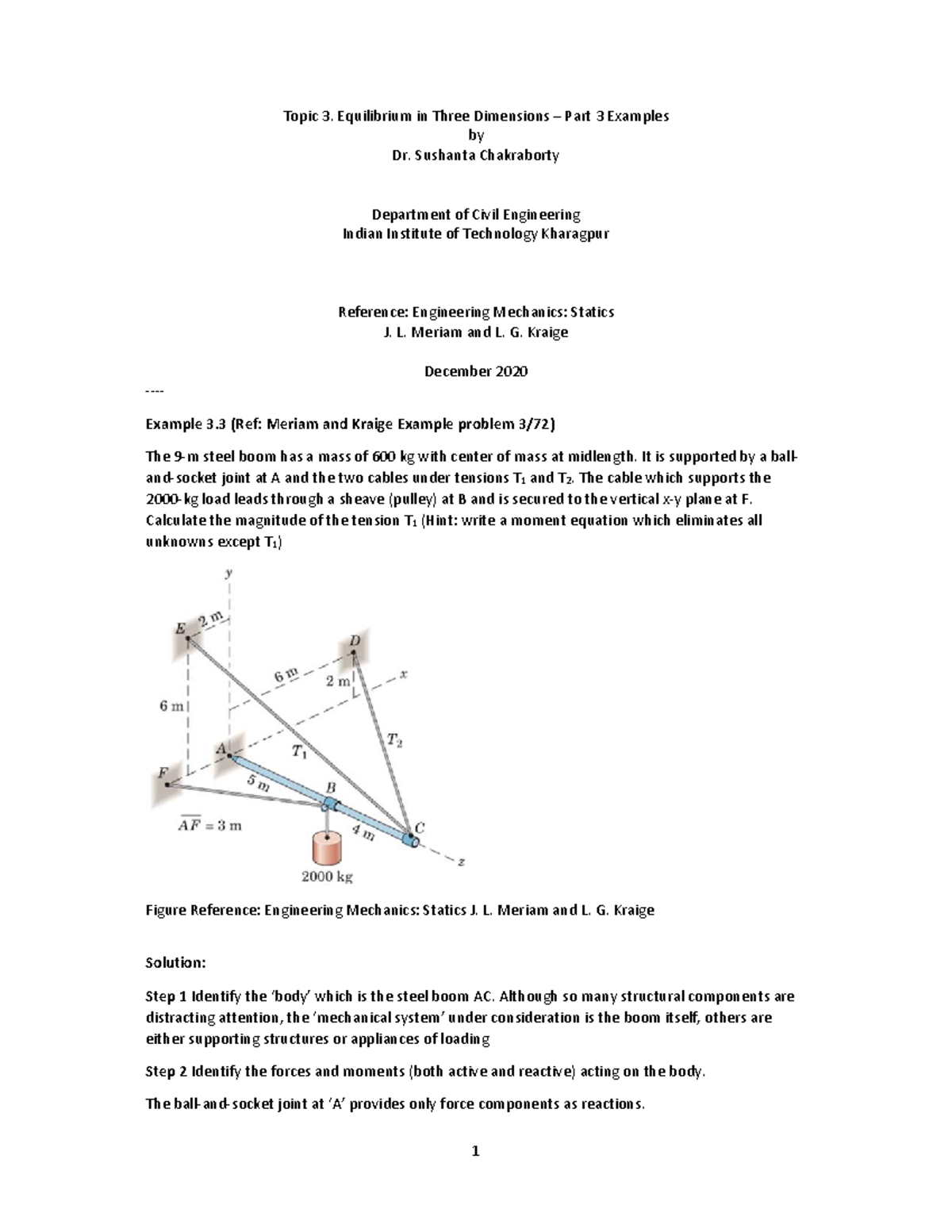 Equilibrium in 3D Example Note 3 - 1 Topic 3. Equilibrium in Three ...
