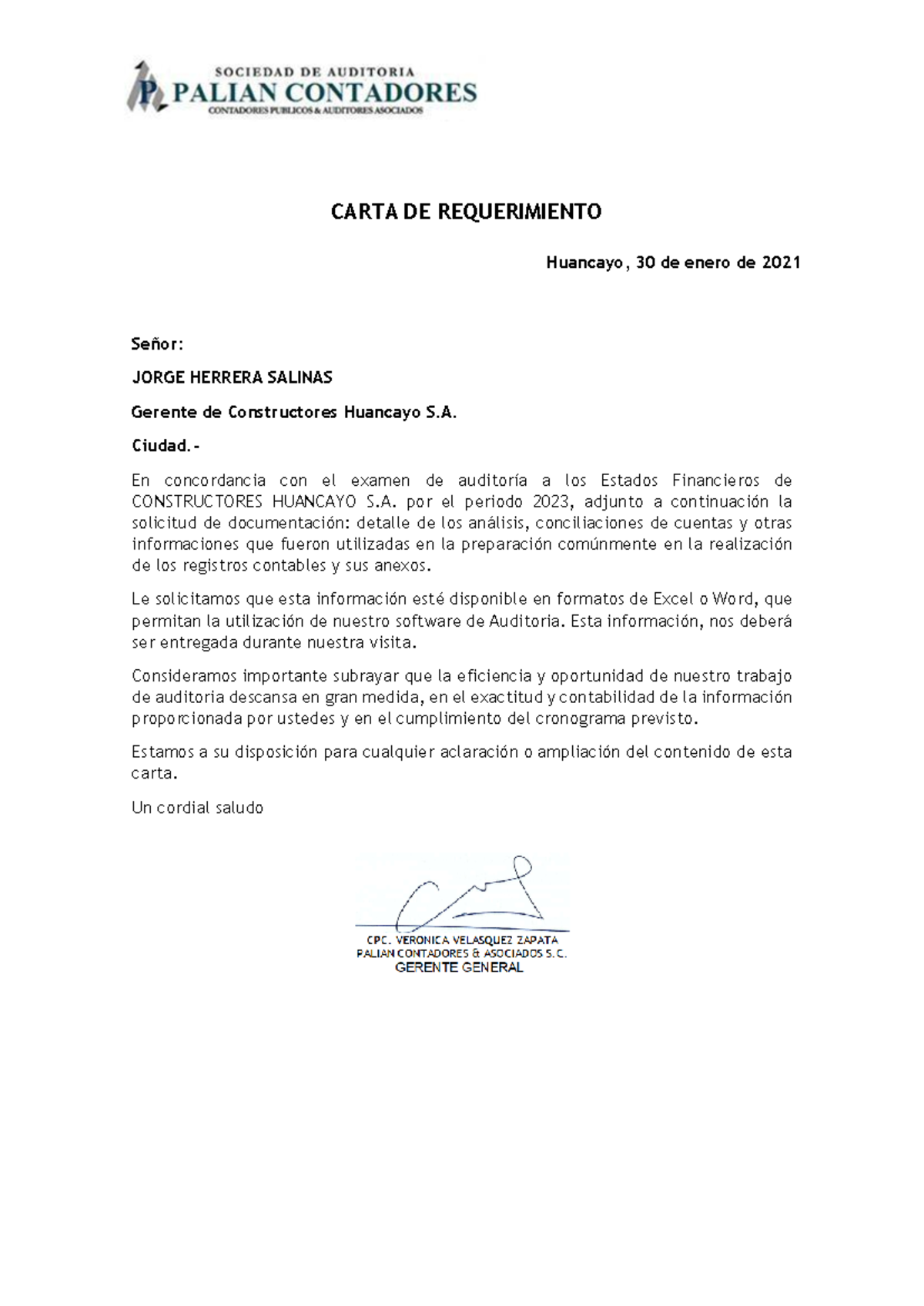 04 Carta DE Requerimiento - CARTA DE REQUERIMIENTO Huancayo, 30 de ...