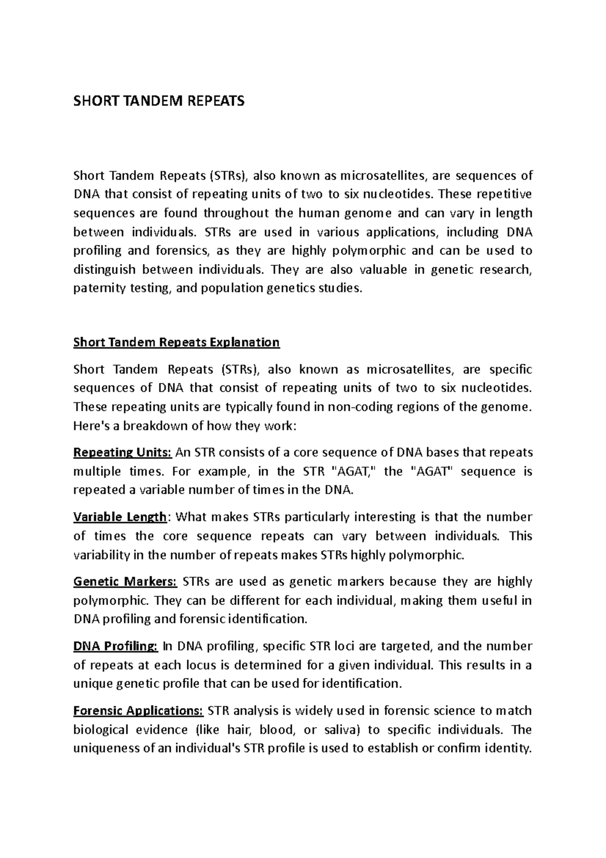Short Tandem Repeats - SHORT TANDEM REPEATS Short Tandem Repeats (STRs ...