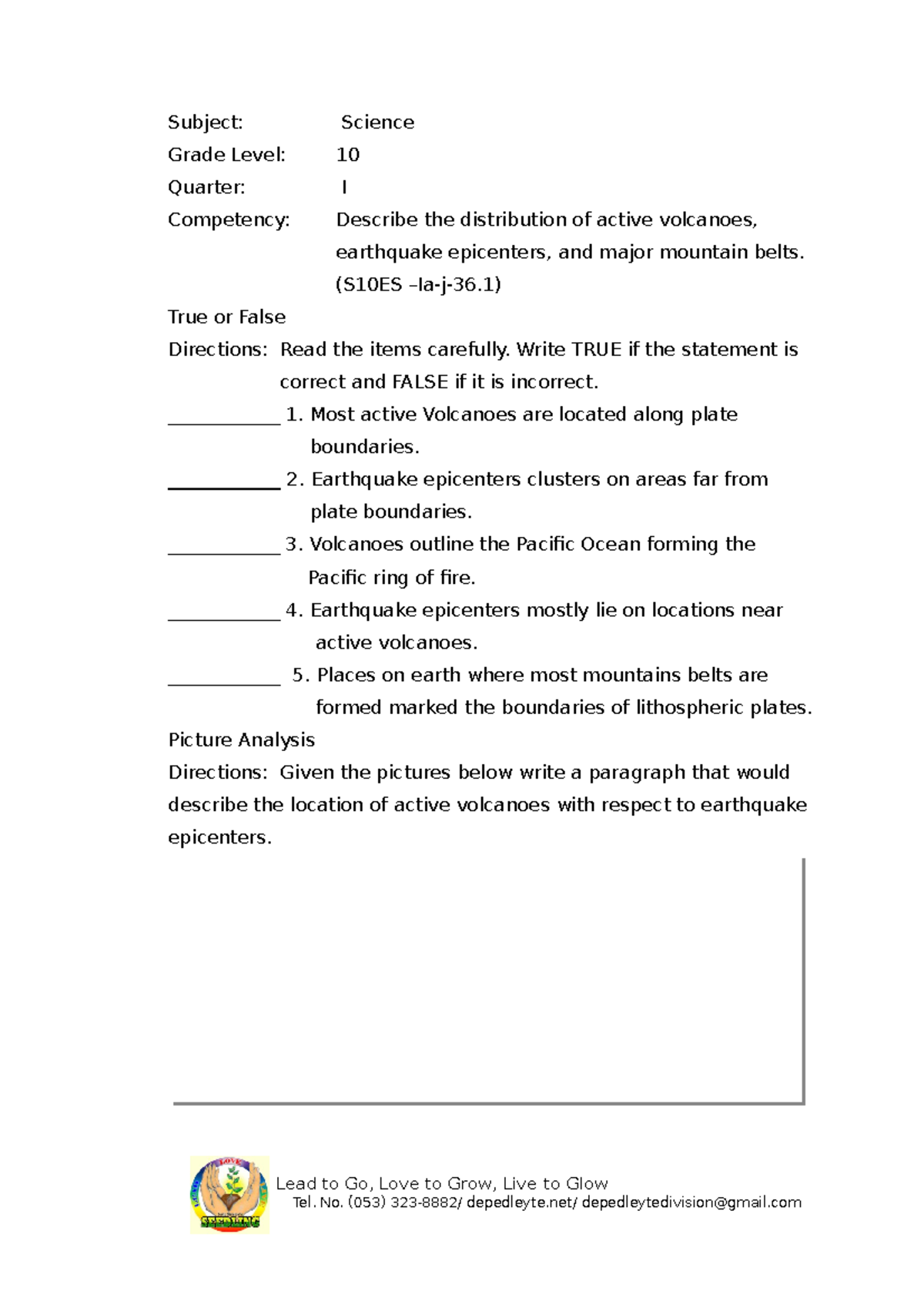 Grade 10 Q1 Earth Science - Subject: Science Grade Level: 10 Quarter: I ...