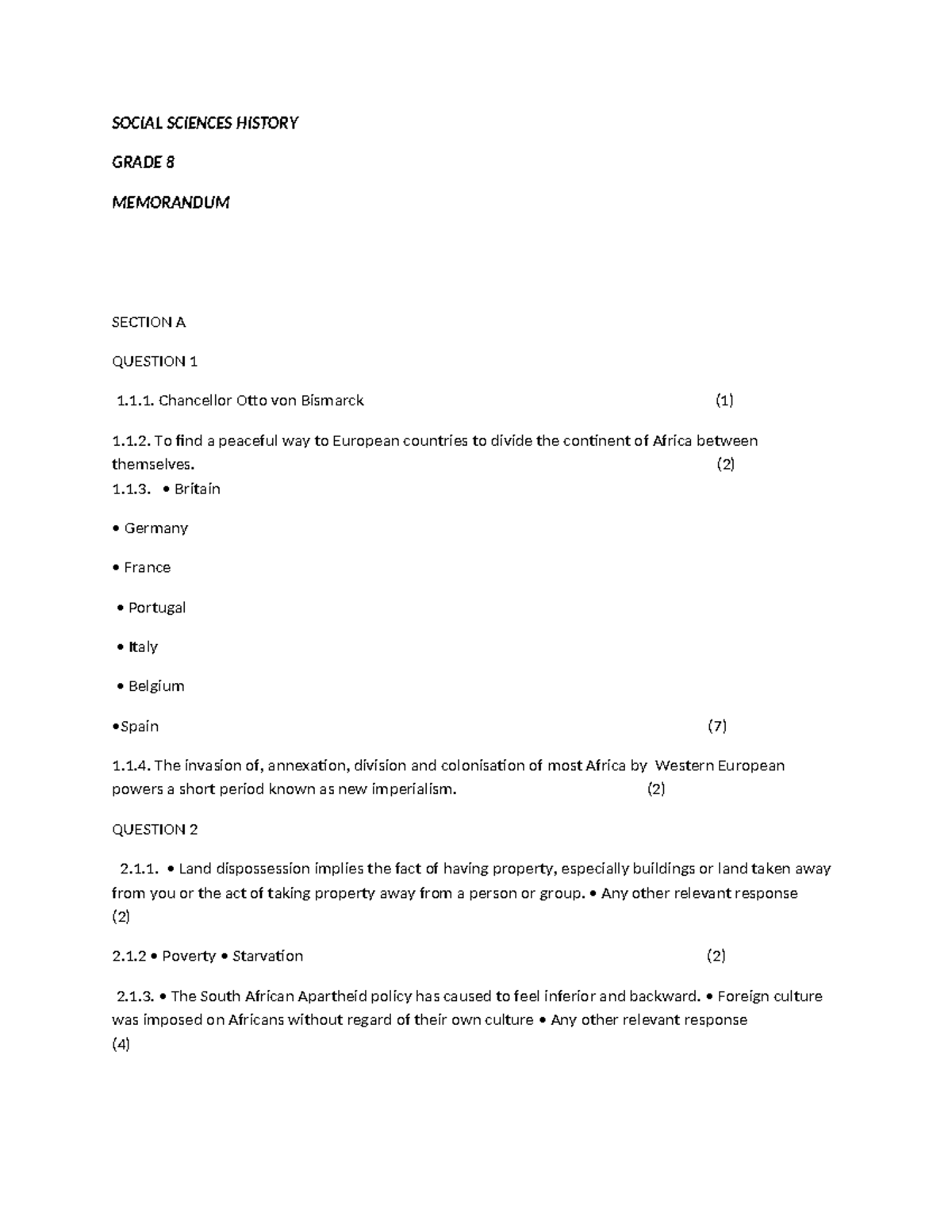 Grade 8 Social Sciences History MEMO - SOCIAL SCIENCES HISTORY GRADE 8 ...