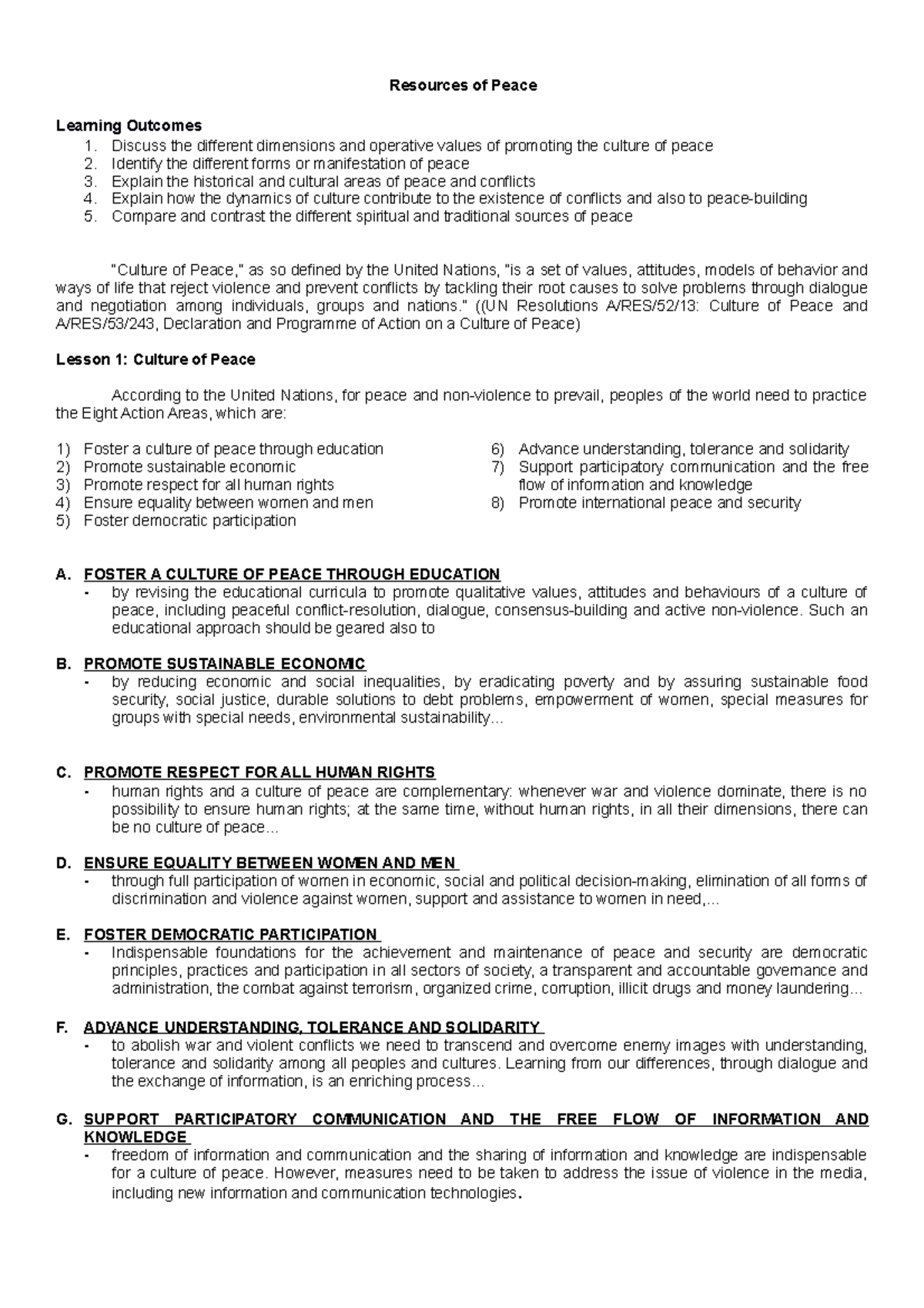 Lesson 1 Culture of Peace - Resources of Peace Learning Outcomes 1 ...