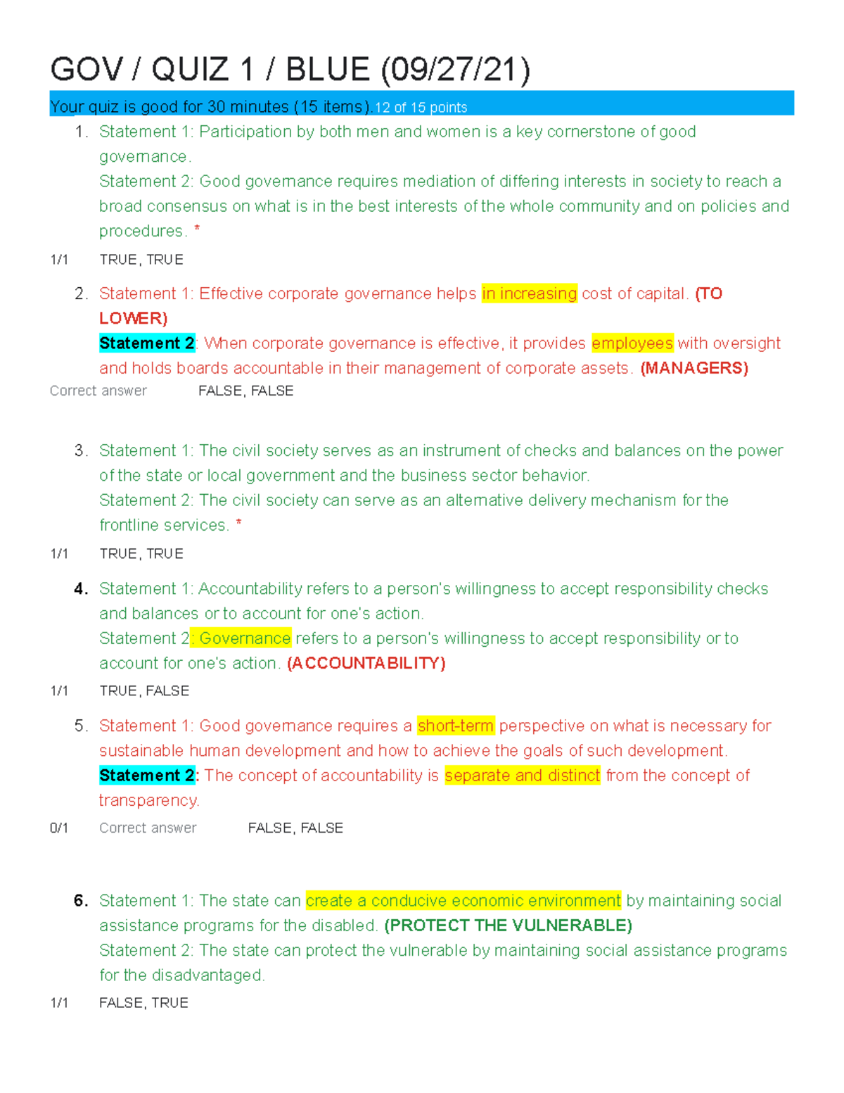 GOVERNANCE GOVERNANCE GOVERNANCE GOVERNANCE GOVERNANCE - GOV / QUIZ 1 ...