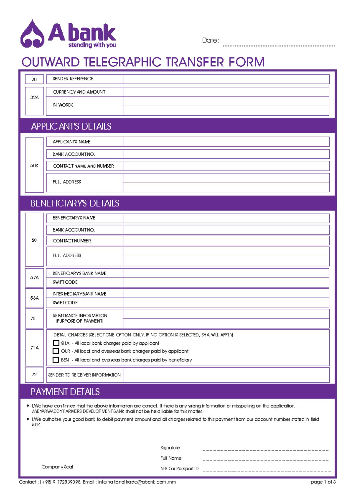 TT FORM - wire transfer - Contact : (+95) 9 772539098, Email ...