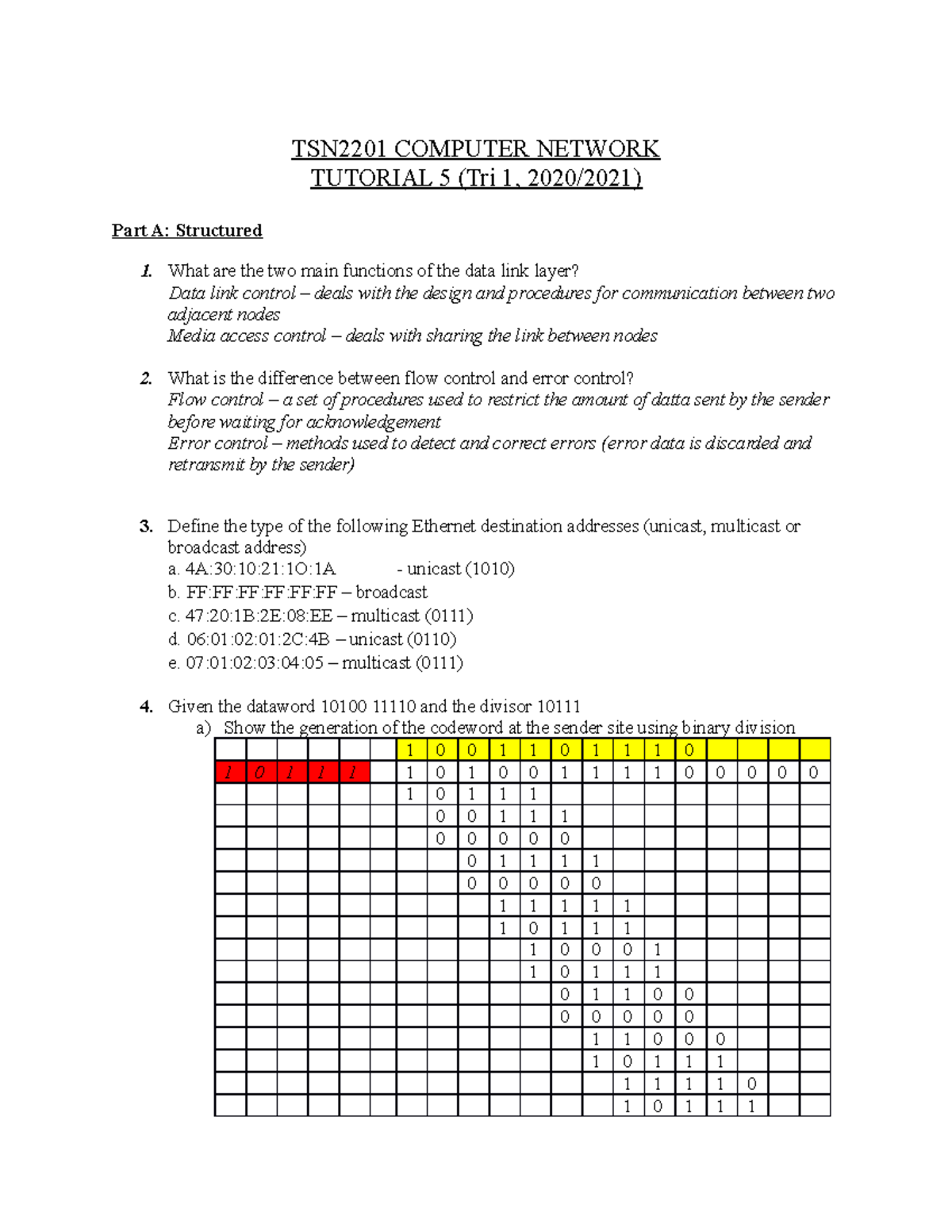 345162 Tutorial 05 Tsn2201 2020 Tsn2201 Computer Network Tutorial 5 Tri 1 20202021 Part A 