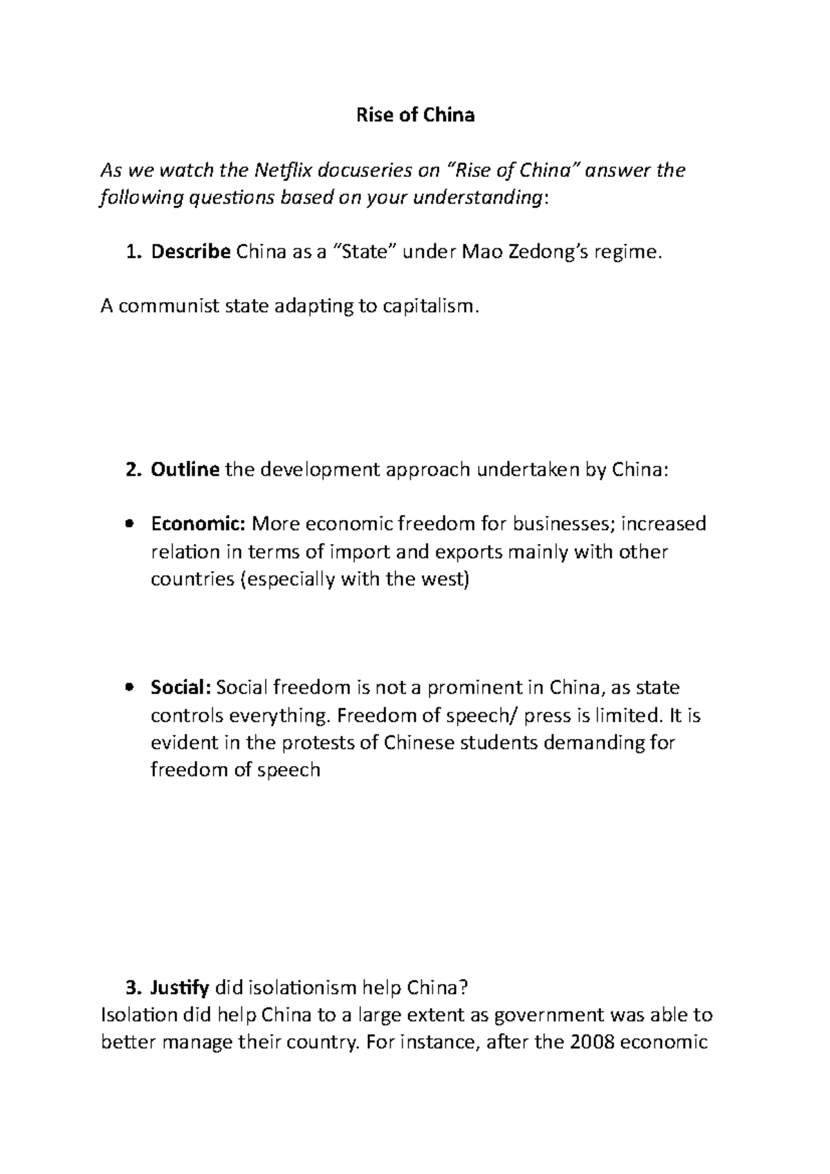 Rise of China Case Study and Task Sheet - Rise of China As we watch the ...