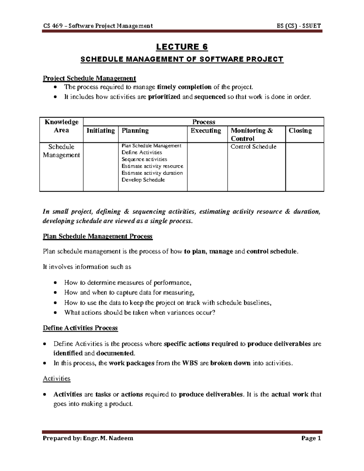 Lecture 6 (Schedule Management of Software Project) - LECTURE 6 ...