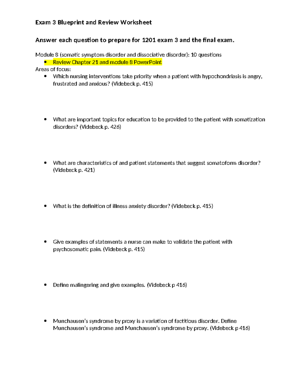 Exam 3 blueprint and review worksheet - Answer each question to prepare ...