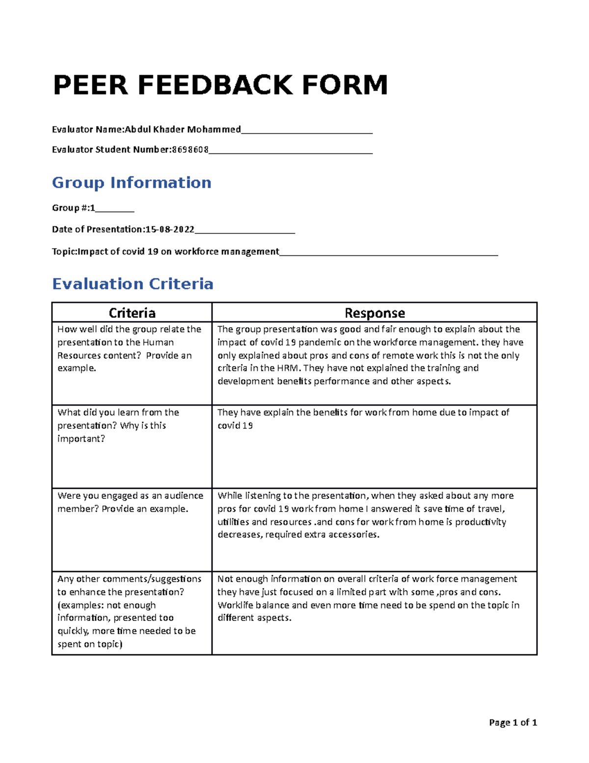Peer Feedback Form(1)(1) - PEER FEEDBACK FORM Evaluator Name:Abdul ...