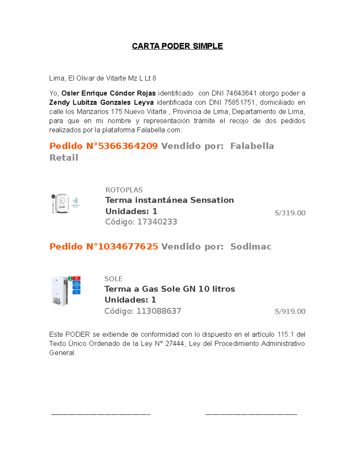 Carta poder simple - 554 - CARTA PODER SIMPLE Lima, El Olivar de ...