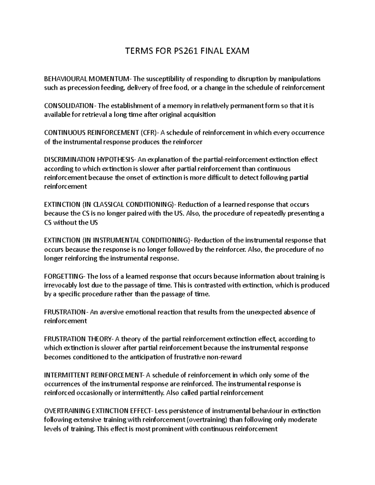 Terms FOR PS261 Final EXAM - TERMS FOR PS261 FINAL EXAM BEHAVIOURAL ...