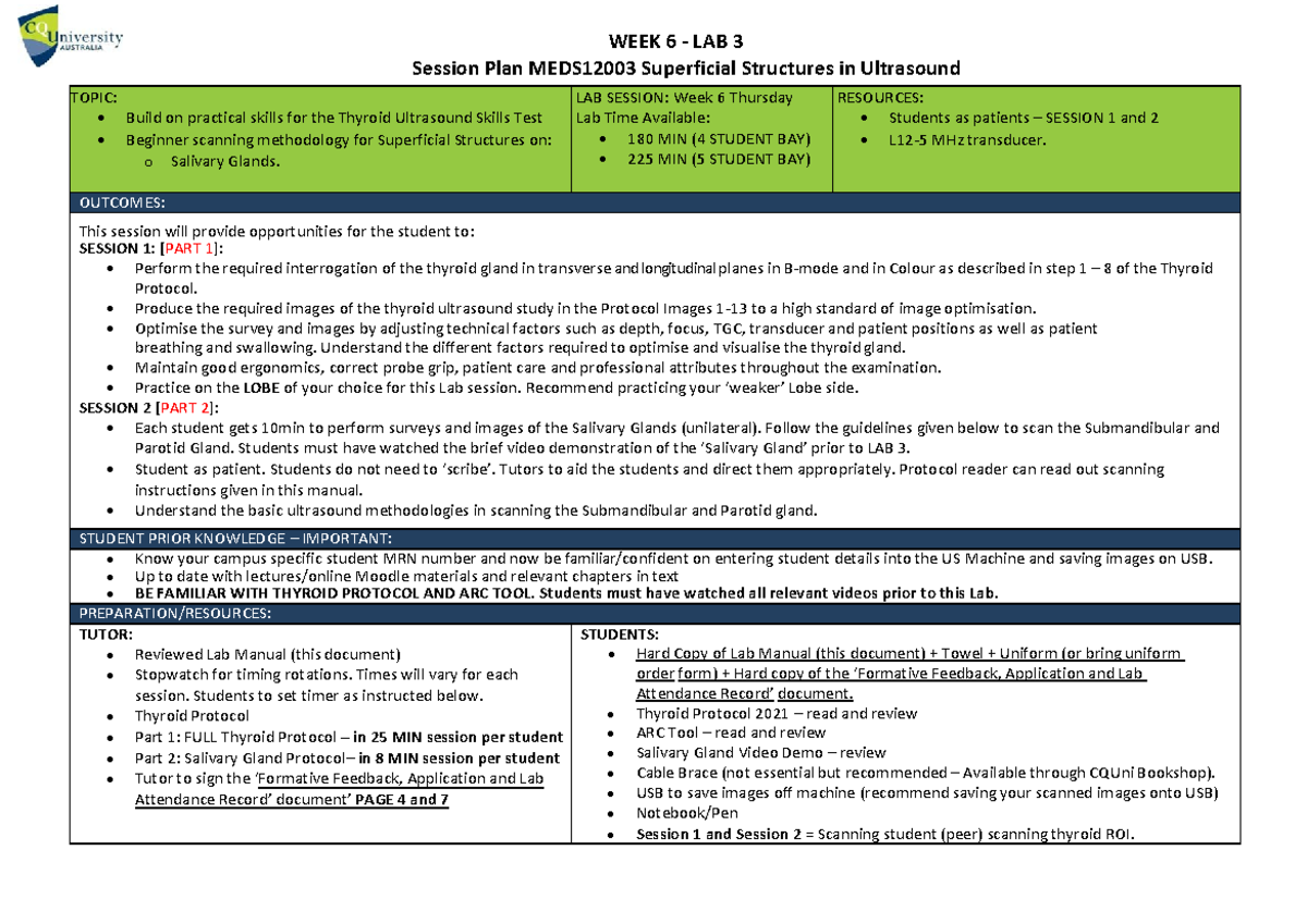 MEDS12003 - Superficial Structures in Ultrasound Lab Manual 3 - Session ...