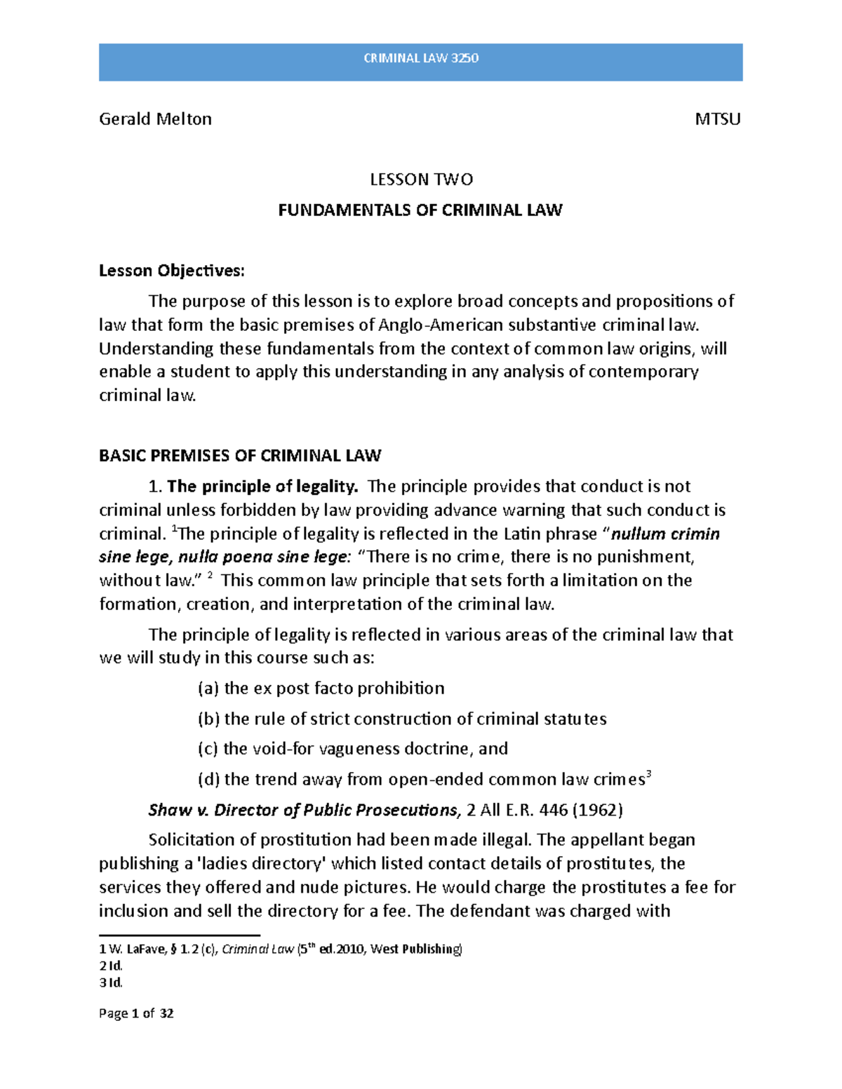 Lesson TWO Fundamentals of Criminal Law - Gerald Melton MTSU LESSON TWO ...