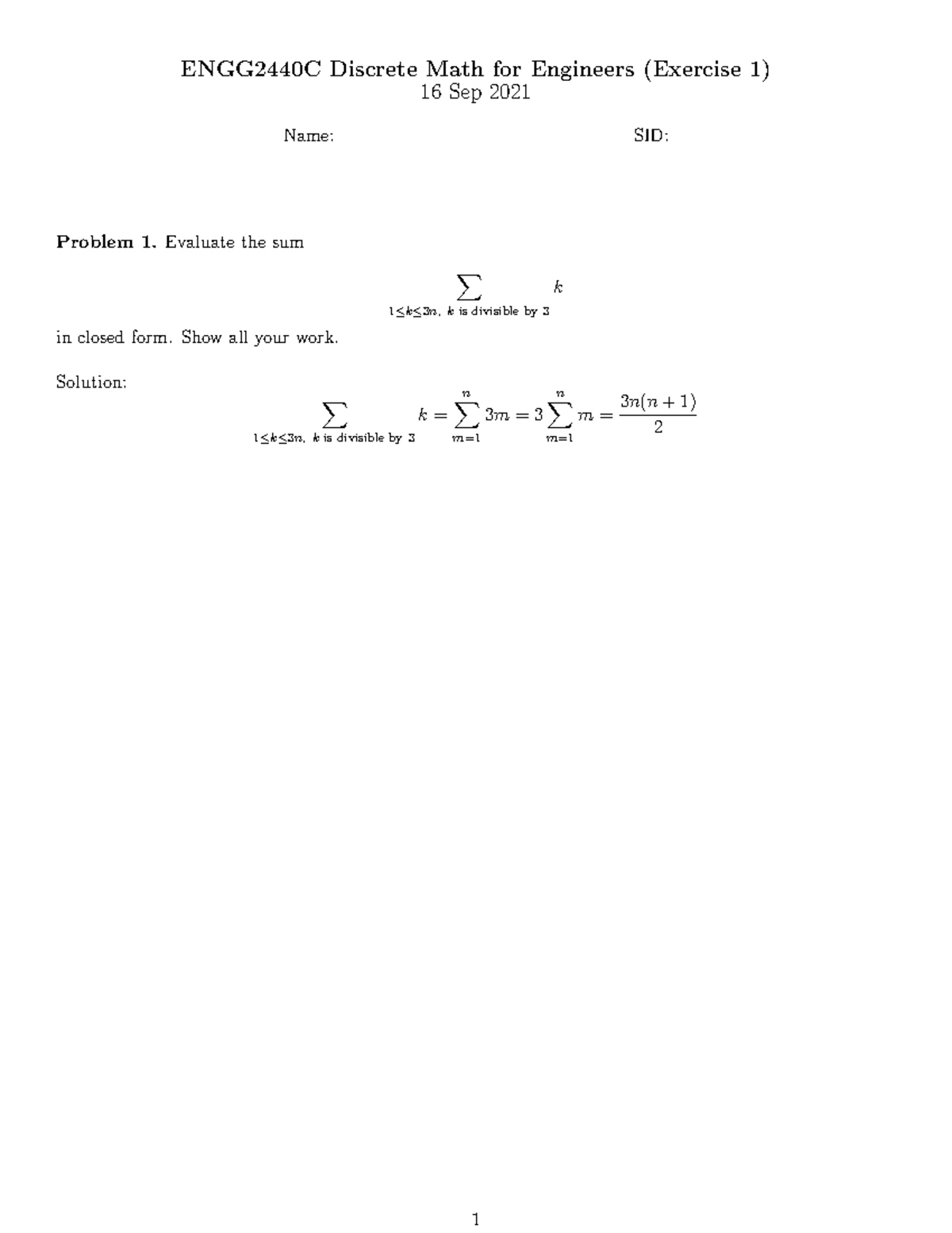 Ex2 sol - Exercise - ENGG2440C Discrete Math for Engineers (Exercise 1 ...