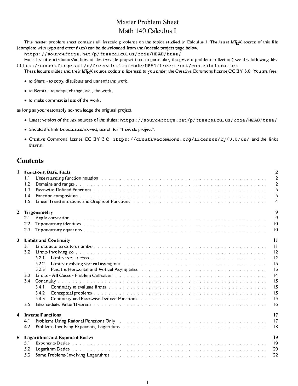 Calc-I-Master Problem Sheet - Master Problem Sheet Math 140 Calculus I ...