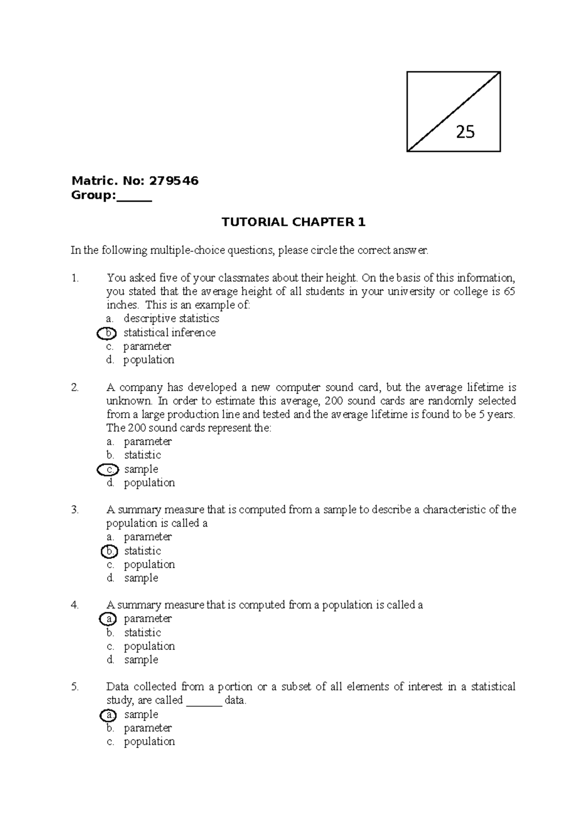 Elementary Statistic Chapter 1 Exercise - Matric. No: 279546 Group ...