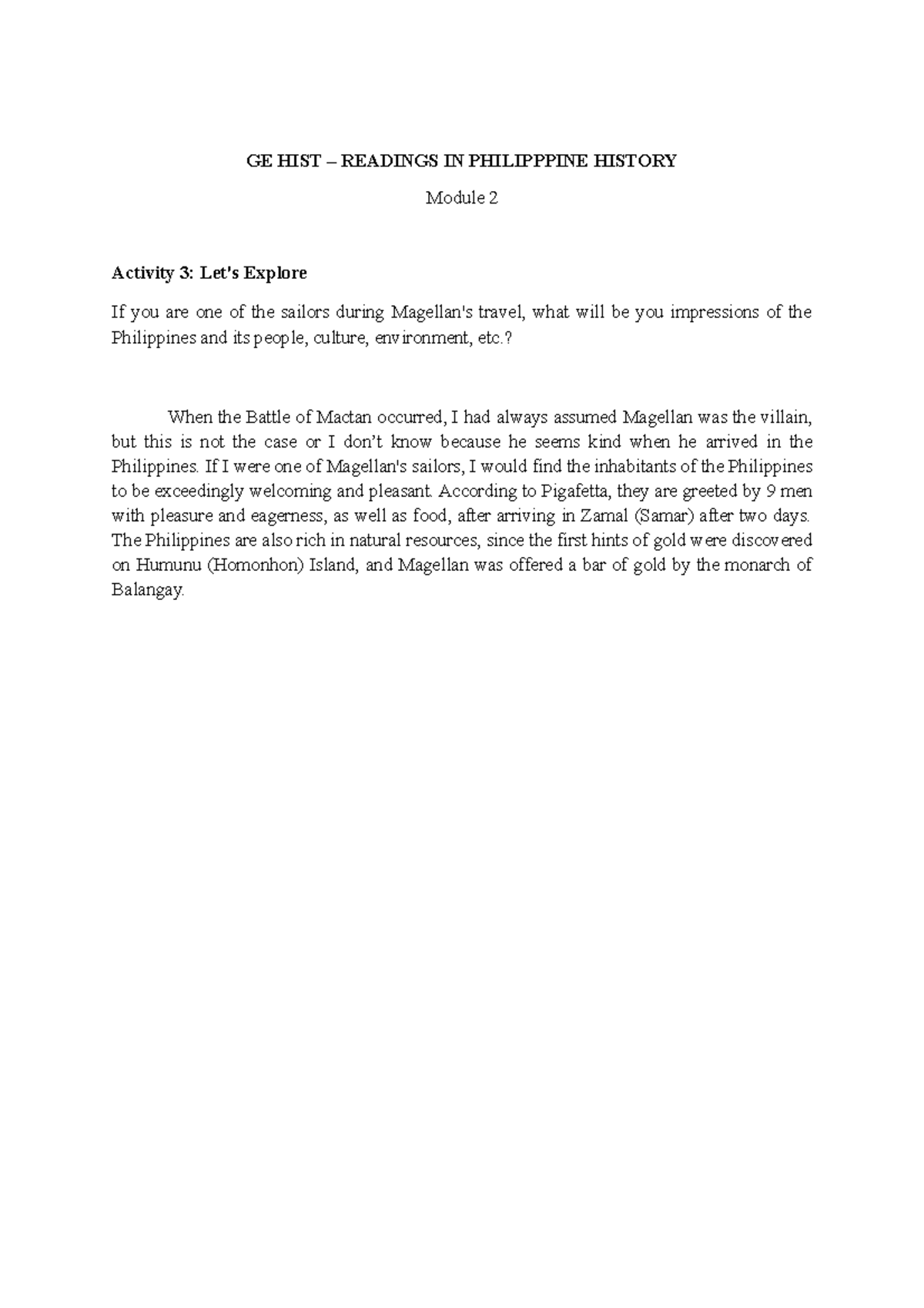 GE HIST 2. Activity 3 - GE HIST – READINGS IN PHILIPPPINE HISTORY ...