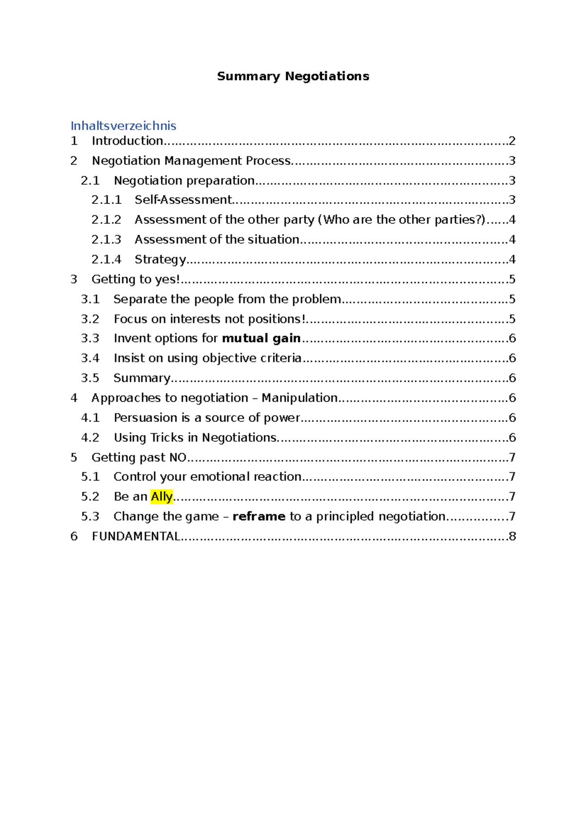 Summary Getting to yes - Summary Negotiations 1 - Studocu