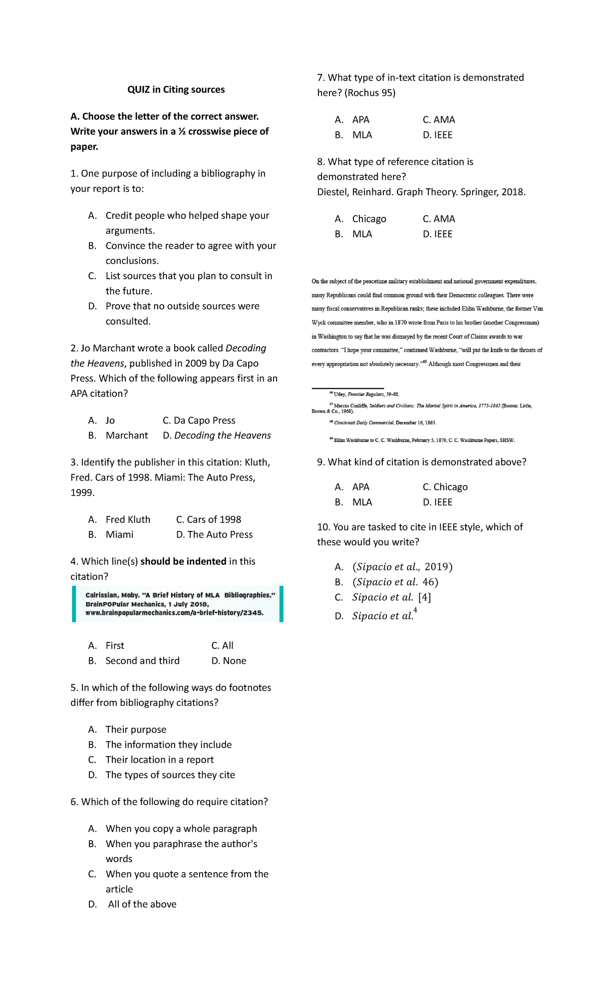 Citing Sources Quiz FInal - QUIZ in Citing sources A. Choose the letter ...