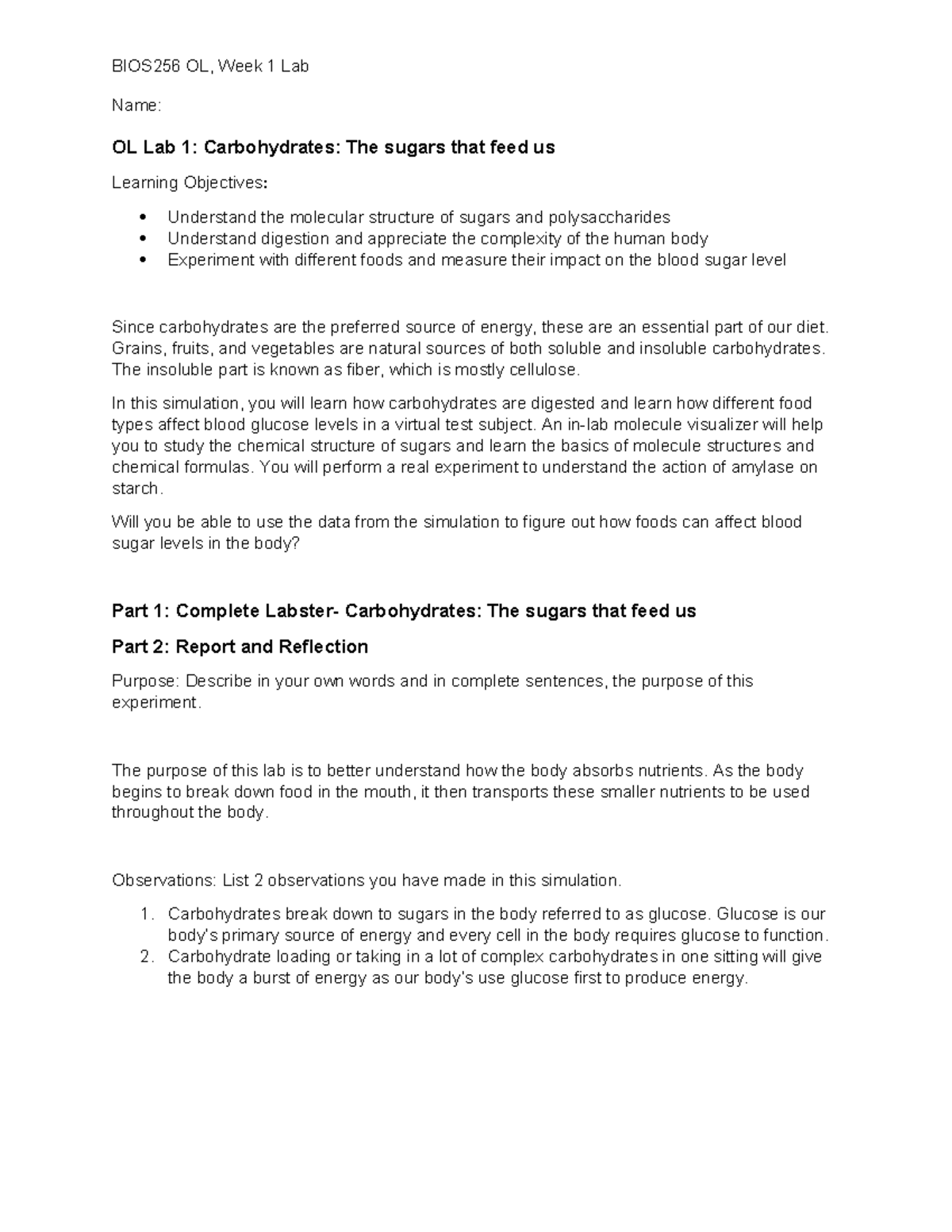 Week 1 lab BIOS256 MAY21 - Name: OL Lab 1: Carbohydrates: The sugars ...