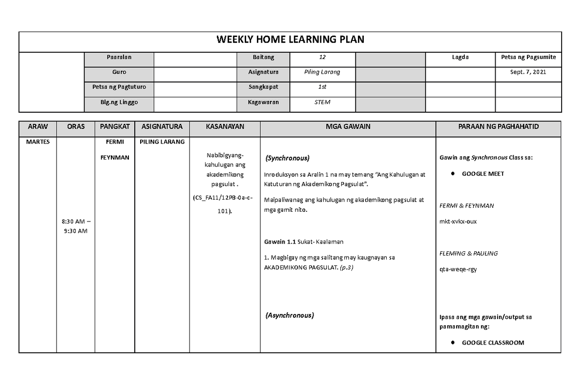WHLP Q1W1 Piling Larang - WEEKLY HOME LEARNING PLAN Paaralan Baitang 12 Lagda Petsa ng Pagsumite ...
