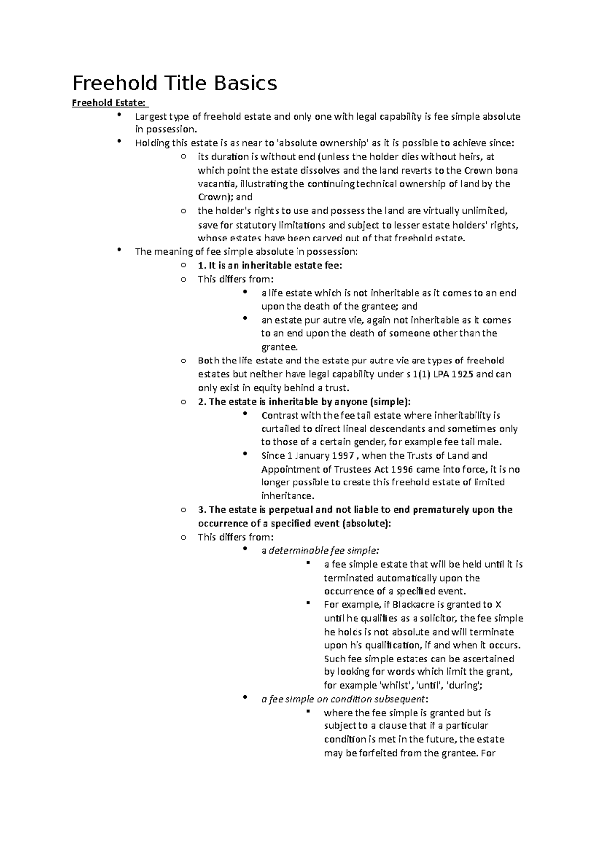 Freehold Title Basics - Summary - Freehold Title Basics Freehold Estate ...
