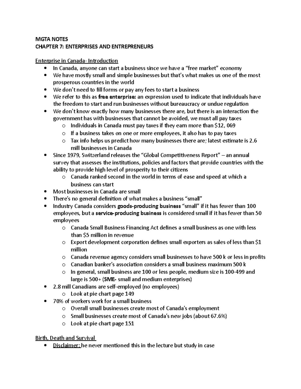 MGTA01 Chapter 7 Textbook Notes - MGTA NOTES CHAPTER 7: ENTERPRISES AND ...