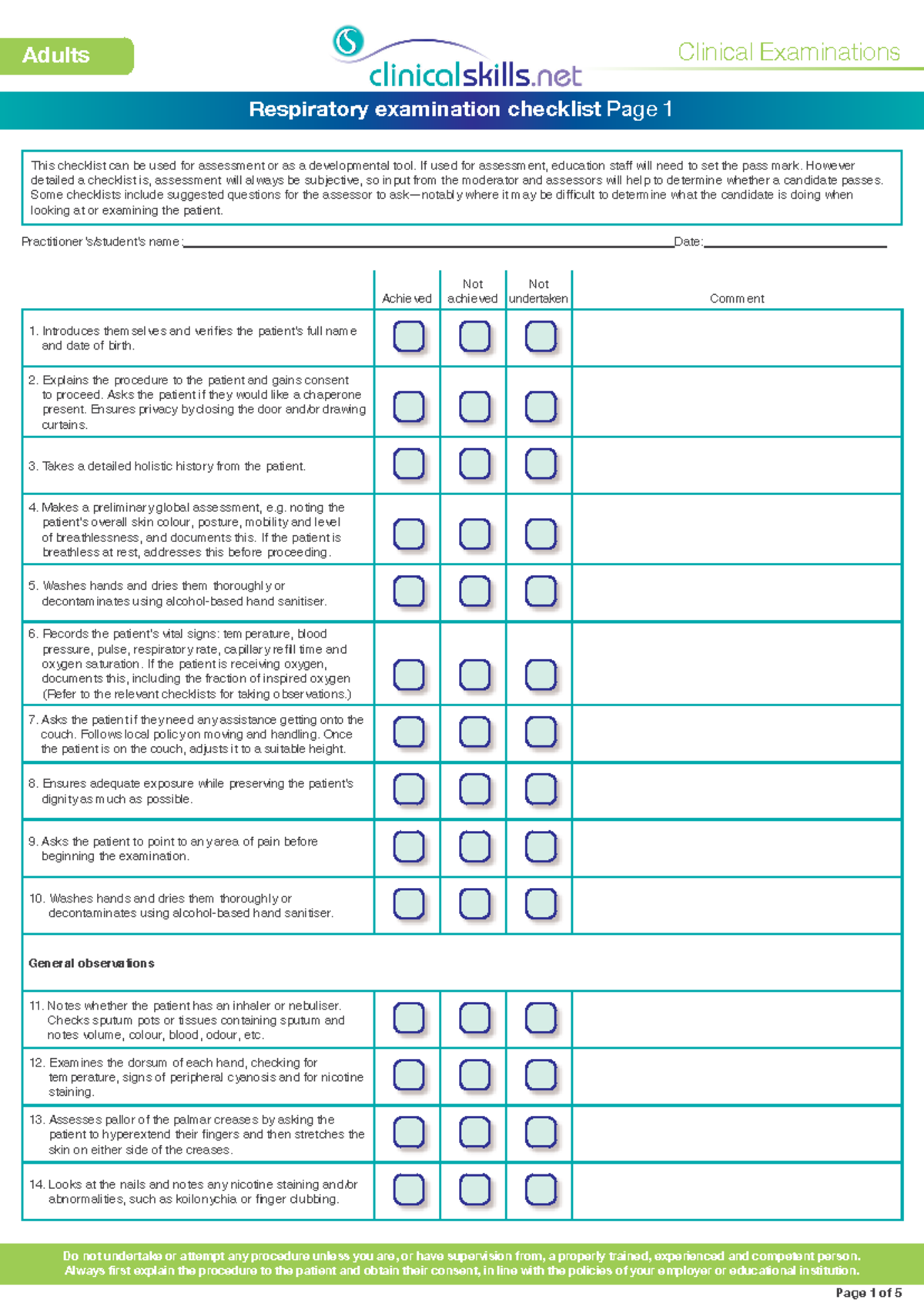 Checklist- Respiratory- Examination P1-P5 - Do not undertake or attempt ...