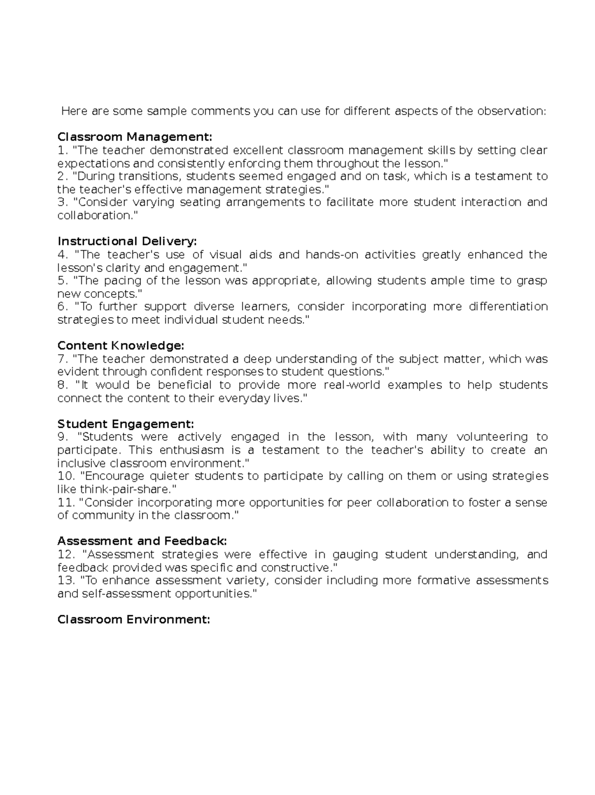 Sample comments for observations - Here are some sample comments you ...