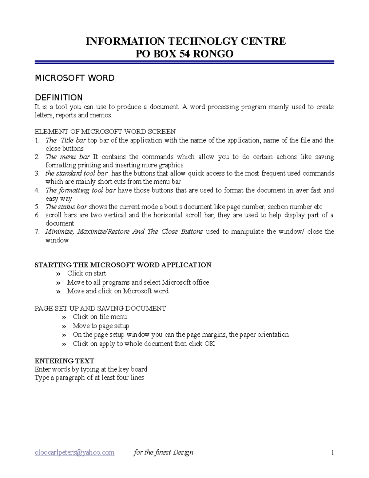 Word ver2 sam - Word ver2 sam - INFORMATION TECHNOLGY CENTRE PO BOX 54 ...