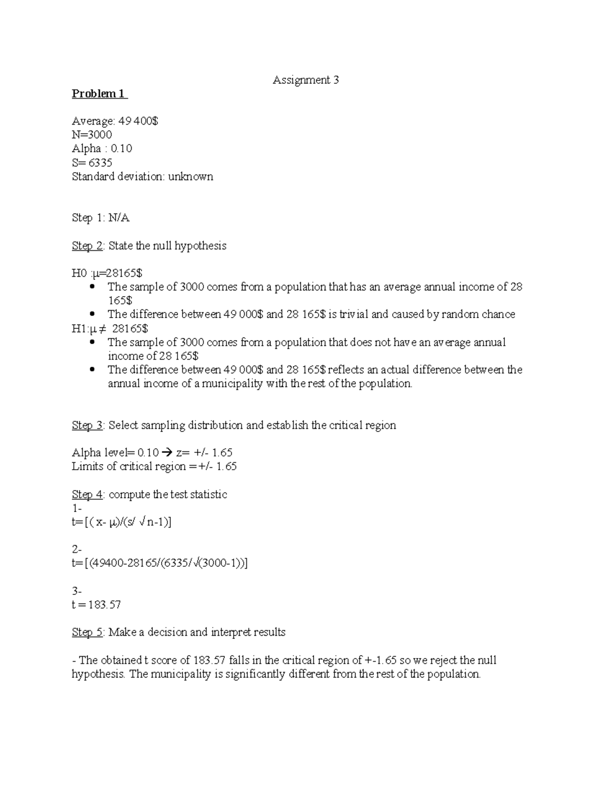 Assignment 3 - S= 6335 Standard deviation: unknown Step 1: N/A Step 2 ...