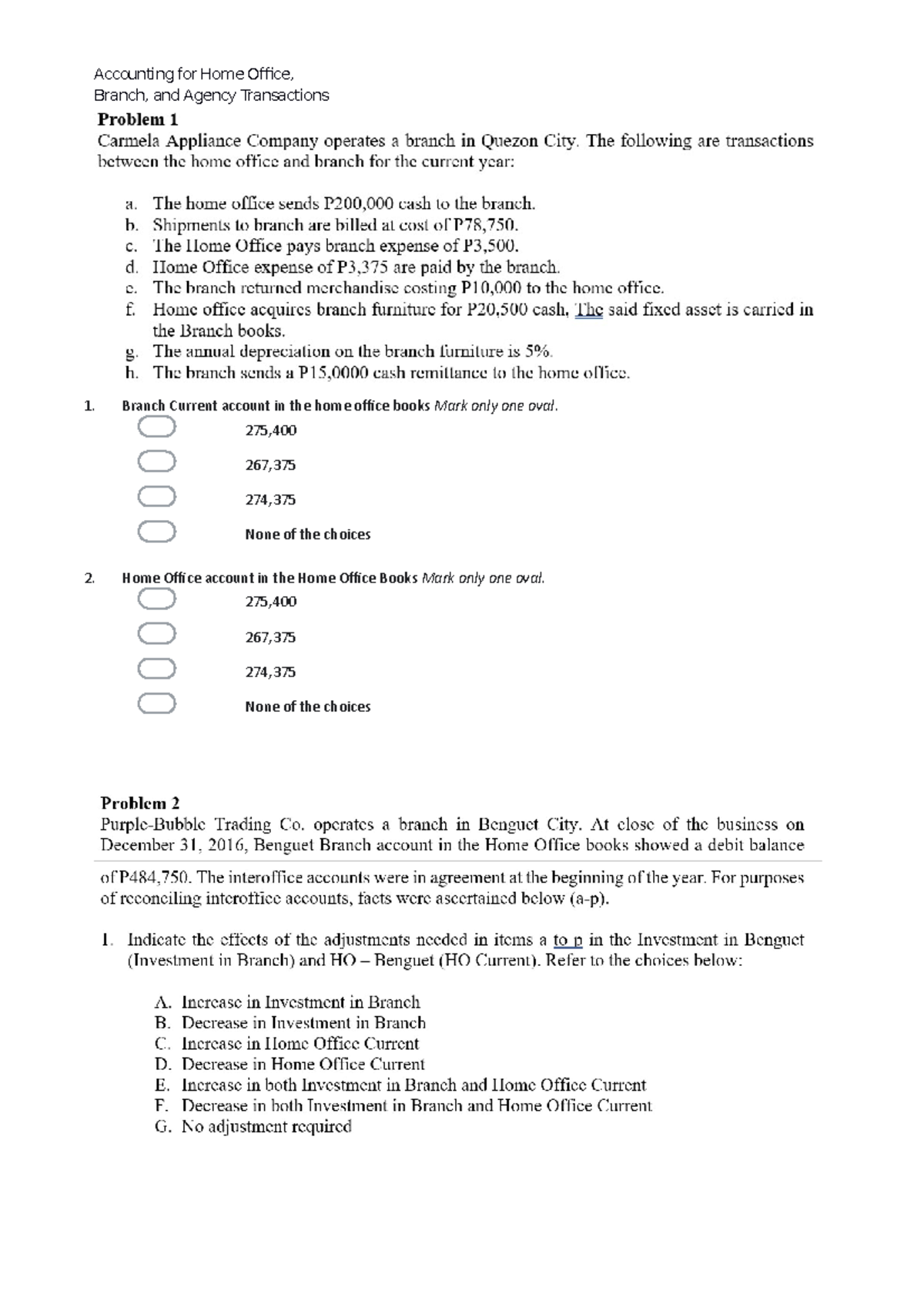 M01 Accounting for Home Office, Branch, and Agency Transactions ...