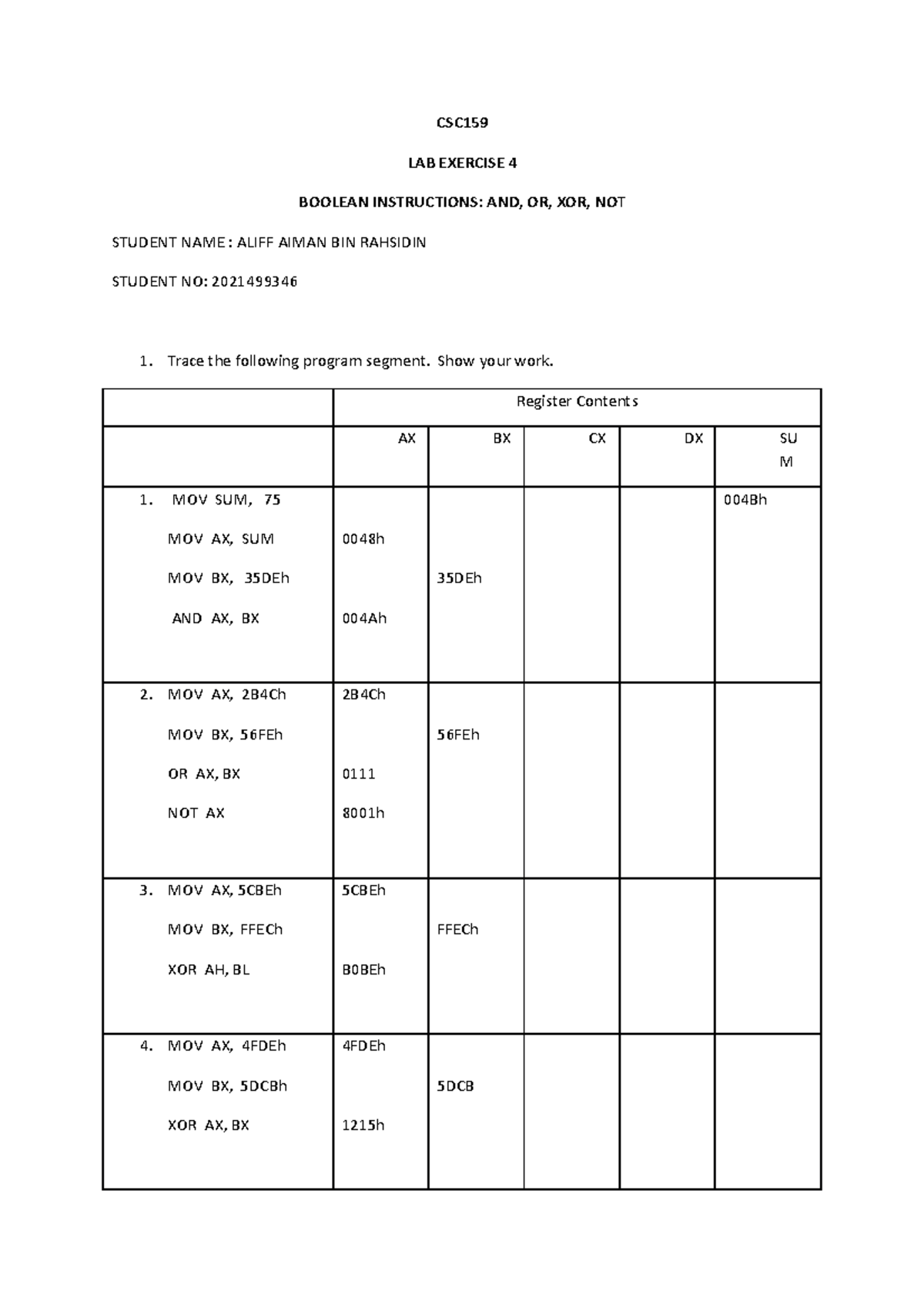 Aliff Aiman Exerciselab Csc Lab Exercise 4 Boolean Instructions And